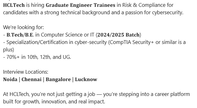 HCLTech Cybersecurity Fresher Job for 2024, 2025 Batch - Get Quick Update